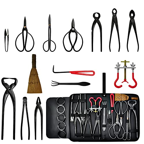 Kornculor 16 Pcs Bonsai Tool Sets High Carbon Steel Gardening Trimming Tools Set with Pruning Shears, Bonsai Scissors, Bonsai Wires, Leather Bag for Garden Plant