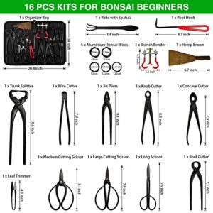 Kornculor 16 Pcs Bonsai Tool Sets High Carbon Steel Gardening Trimming Tools Set with Pruning Shears, Bonsai Scissors, Bonsai Wires, Leather Bag for Garden Plant