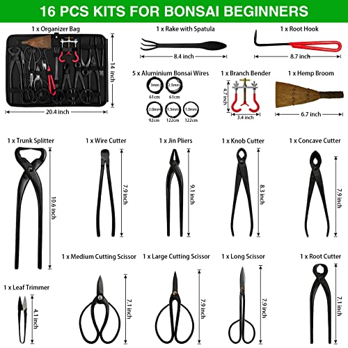 Kornculor 16 Pcs Bonsai Tool Sets High Carbon Steel Gardening Trimming Tools Set with Pruning Shears, Bonsai Scissors, Bonsai Wires, Leather Bag for Garden Plant