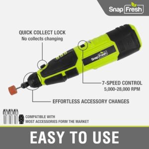 SnapFresh 12V Cordless Rotary Tool Kit, 7 speeds, 77 Accessories, 2 attachments, Flex Shaft, Universal keyless chuck,1 hour Quick Charging, for Cutting, Sanding, Polishing, Drilling, Grinding,Carving