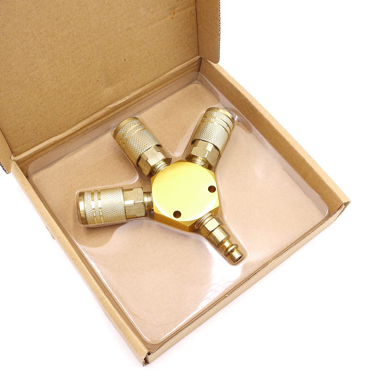 Tnuocke Air Splitter 3-Way Manifold Hex Style with 3 Pieces Brass Industrial Coupler and 1/4" Plug,Air Compressor Hose Accessories Quick Connect Fittings H-047