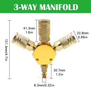 Tnuocke Air Splitter 3-Way Manifold Hex Style with 3 Pieces Brass Industrial Coupler and 1/4" Plug,Air Compressor Hose Accessories Quick Connect Fittings H-047