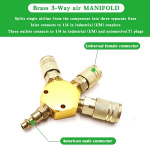 Tnuocke Air Splitter 3-Way Manifold Hex Style with 3 Pieces Brass Industrial Coupler and 1/4" Plug,Air Compressor Hose Accessories Quick Connect Fittings H-047