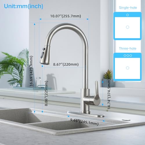 Pull Out Kitchen Faucets Single Handle High Arc,Single Level Stainless Steel Kitchen Sink Faucets with Pull Down Sprayer (Brushed Nickel)