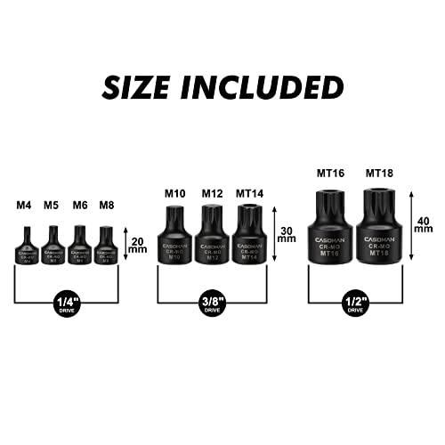 CASOMAN 9-Piece Low Profile Impact Triple Square Bit Socket Set, Includes Storage Rail, 1/4", 3/8" and 1/2" Drive, CR-MO Steel, Designed for Impact Use