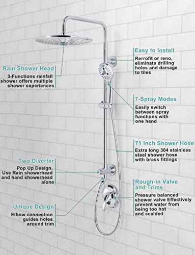 SR SUN RISE 10 Inch Shower Fixtures with 1.8 GPM Rain Showerhead and Hand Shower 27.6" Slide Bar Shower Faucet Set Complete for Easy Reach, Single Handle Design Shower Valve Include, Polished Chrome