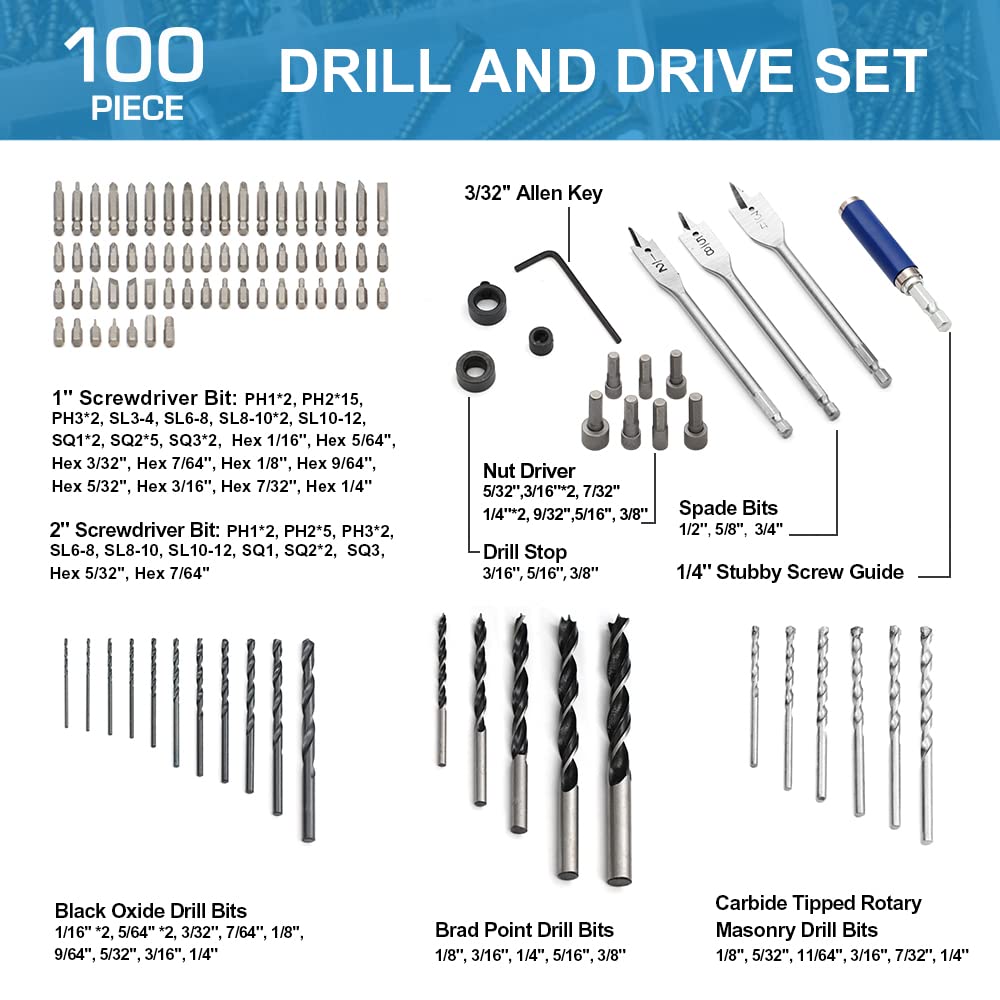 PRESTO Drill Bit Set - 100-Piece Drilling and Driving Combo Kit High Speed Steel Drill Bits & Driver Set for Wood Metal Cement Masonry and Plastic with Carrying Case