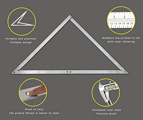 Triangle Ruler 48 Inches Folding Aluminium Framing Square Construction Tools Combination Carpentry Squares in Framing Roofing Stair Work Woodworking Movable Right Angle 90°45 Degree Angle Ruler