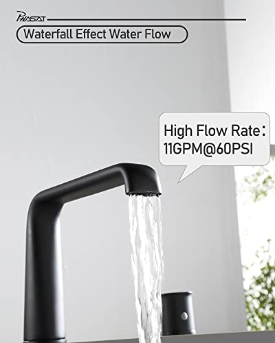 PHASAT Black Waterfall Bathtub Faucet,Bathroom Roman Tub Faucet,3 Holes 2 Handles Deck Mount Bath Tub Filler with High Flow Widespread Spout,Matte Black,PU5H01