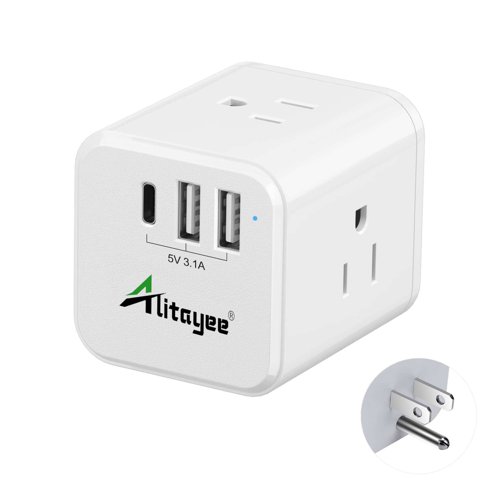 Alitayee USB C Multi Plug Outlet Extender,USB Outlet Splitter, Cube Multi Plug Adapter with 3 Outlets and 3 USB 15.5W Fast Charging, No Surge Protector for Cruise Travel Home Office ETL Listed White