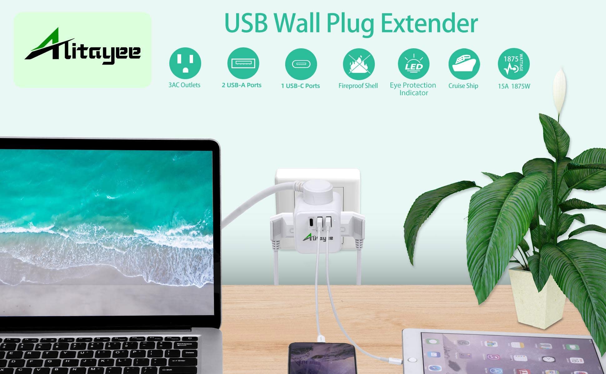 Alitayee USB C Multi Plug Outlet Extender,USB Outlet Splitter, Cube Multi Plug Adapter with 3 Outlets and 3 USB 15.5W Fast Charging, No Surge Protector for Cruise Travel Home Office ETL Listed White