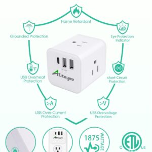 Alitayee USB C Multi Plug Outlet Extender,USB Outlet Splitter, Cube Multi Plug Adapter with 3 Outlets and 3 USB 15.5W Fast Charging, No Surge Protector for Cruise Travel Home Office ETL Listed White