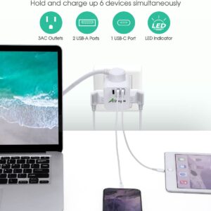 Alitayee USB C Multi Plug Outlet Extender,USB Outlet Splitter, Cube Multi Plug Adapter with 3 Outlets and 3 USB 15.5W Fast Charging, No Surge Protector for Cruise Travel Home Office ETL Listed White