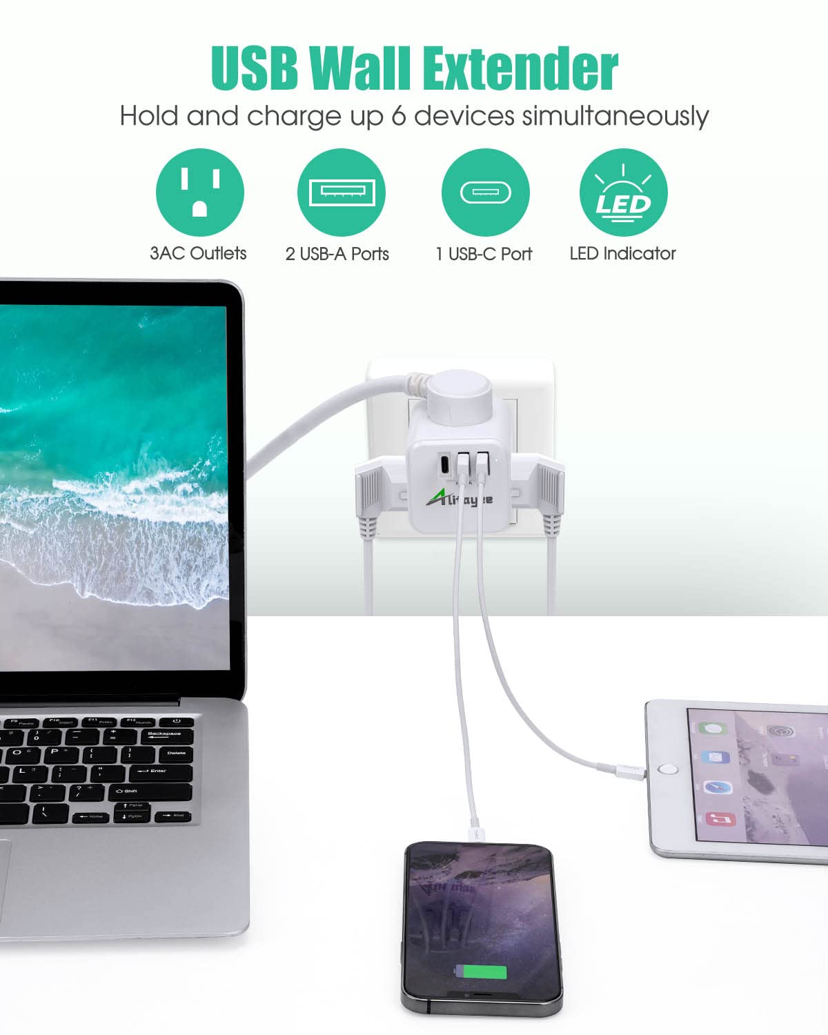 Alitayee USB C Multi Plug Outlet Extender,USB Outlet Splitter, Cube Multi Plug Adapter with 3 Outlets and 3 USB 15.5W Fast Charging, No Surge Protector for Cruise Travel Home Office ETL Listed White