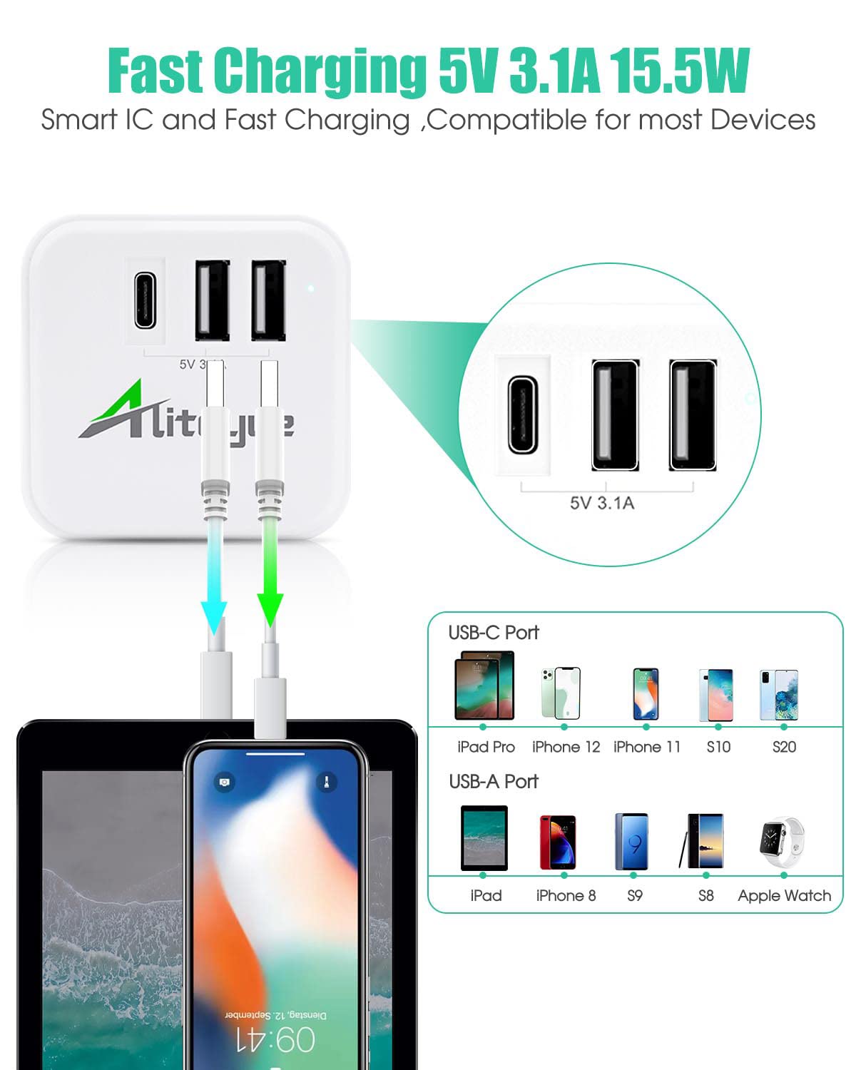 Alitayee USB C Multi Plug Outlet Extender,USB Outlet Splitter, Cube Multi Plug Adapter with 3 Outlets and 3 USB 15.5W Fast Charging, No Surge Protector for Cruise Travel Home Office ETL Listed White