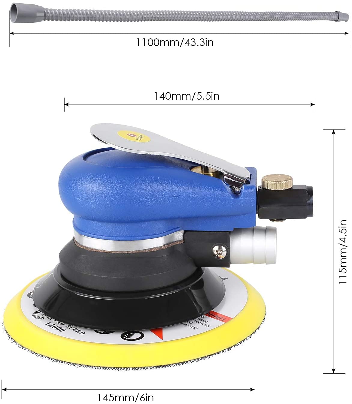 6" Air Random Orbital Sander (Air sander) Pneumatic Sander with Hose and Bag for Car 6 Inches, Polishing Grinding Sanding for Car, Metal,Wood Wax, Metal Work.