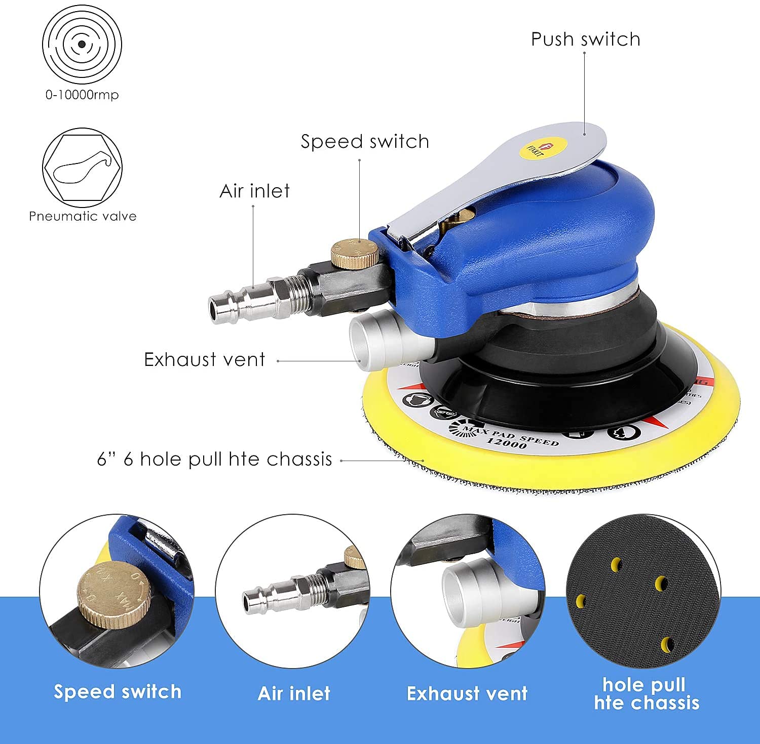 6" Air Random Orbital Sander (Air sander) Pneumatic Sander with Hose and Bag for Car 6 Inches, Polishing Grinding Sanding for Car, Metal,Wood Wax, Metal Work.