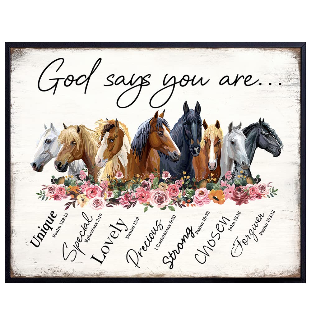 Rustic Religious Horse Wall Art - Inspirational Spiritual Scripture Christian Boho Farmhouse Poster - Girls Bedroom Decor - God Says You Are - Shabby Chic Decoration - Country Western Gift for Women