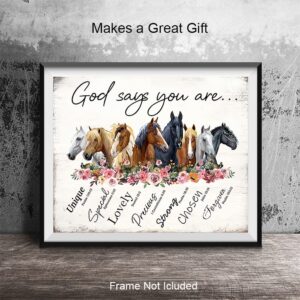 Rustic Religious Horse Wall Art - Inspirational Spiritual Scripture Christian Boho Farmhouse Poster - Girls Bedroom Decor - God Says You Are - Shabby Chic Decoration - Country Western Gift for Women