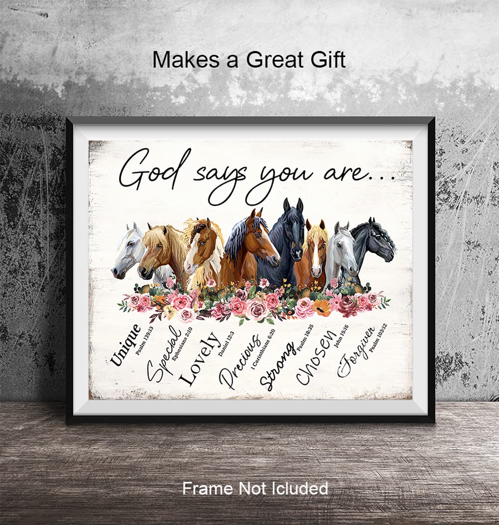 Rustic Religious Horse Wall Art - Inspirational Spiritual Scripture Christian Boho Farmhouse Poster - Girls Bedroom Decor - God Says You Are - Shabby Chic Decoration - Country Western Gift for Women