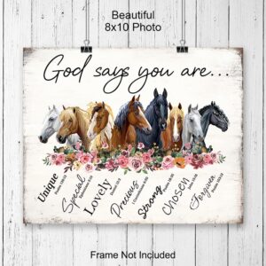 Rustic Religious Horse Wall Art - Inspirational Spiritual Scripture Christian Boho Farmhouse Poster - Girls Bedroom Decor - God Says You Are - Shabby Chic Decoration - Country Western Gift for Women