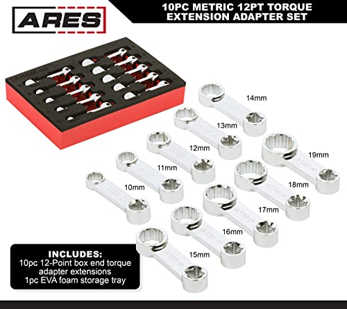 ARES 43036 – 10-Piece Metric 12-Point Box End Torque Adapter Extension Set – 3/8-Inch Drive - Extensions for Torquing in Hard to Reach Places – Chrome Vanadium Steel Construction – EVA Foam Tray