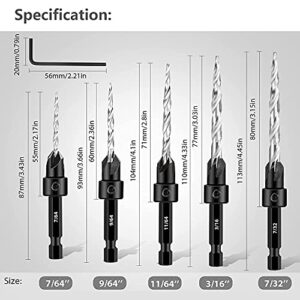 Yakamoz 5Pcs Taper Drill Countersink Set 1/4" Hex Shank Countersinks with Tapered Point Pilot Drill Bits for Woodworking