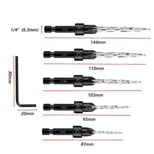 Yakamoz 5Pcs Taper Drill Countersink Set 1/4" Hex Shank Countersinks with Tapered Point Pilot Drill Bits for Woodworking