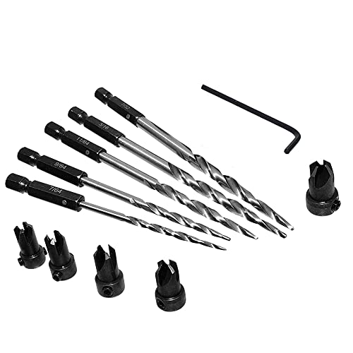 Yakamoz 5Pcs Taper Drill Countersink Set 1/4" Hex Shank Countersinks with Tapered Point Pilot Drill Bits for Woodworking