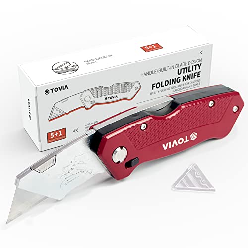 T TOVIA Heavy Duty Folding Utility Knife Quick Change Box Cutter Blades with Blade Storage Design, Extra 5 Blades Included, Box Knife for Cartons, Cardboard and Boxes…