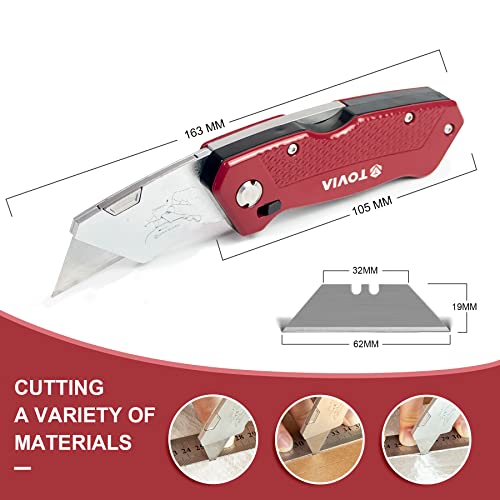 T TOVIA Heavy Duty Folding Utility Knife Quick Change Box Cutter Blades with Blade Storage Design, Extra 5 Blades Included, Box Knife for Cartons, Cardboard and Boxes…