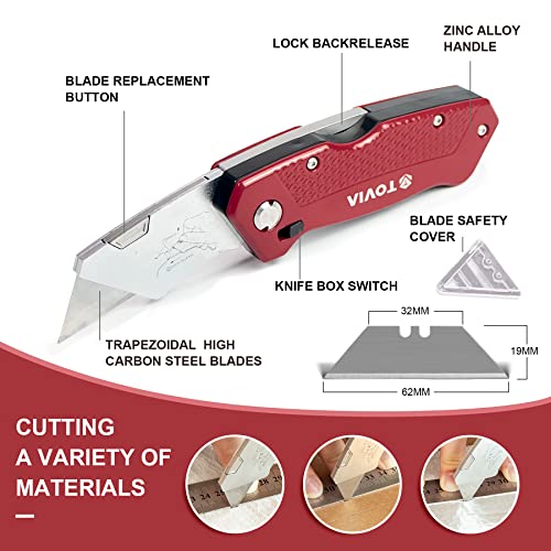 T TOVIA Heavy Duty Folding Utility Knife Quick Change Box Cutter Blades with Blade Storage Design, Extra 5 Blades Included, Box Knife for Cartons, Cardboard and Boxes…