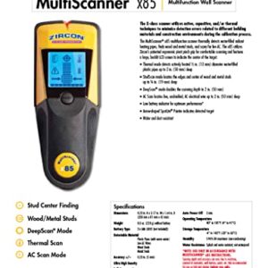 Zircon x85 Center Finding Stud Finder with AC Live Wire Detection and Thermal Wall Scanner for Detecting Water-Filled PEX Tubing up to 2 inches Deep