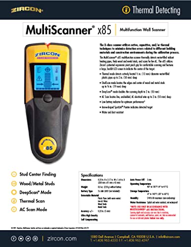 Zircon x85 Center Finding Stud Finder with AC Live Wire Detection and Thermal Wall Scanner for Detecting Water-Filled PEX Tubing up to 2 inches Deep