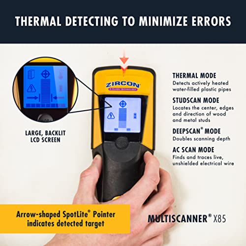 Zircon x85 Center Finding Stud Finder with AC Live Wire Detection and Thermal Wall Scanner for Detecting Water-Filled PEX Tubing up to 2 inches Deep