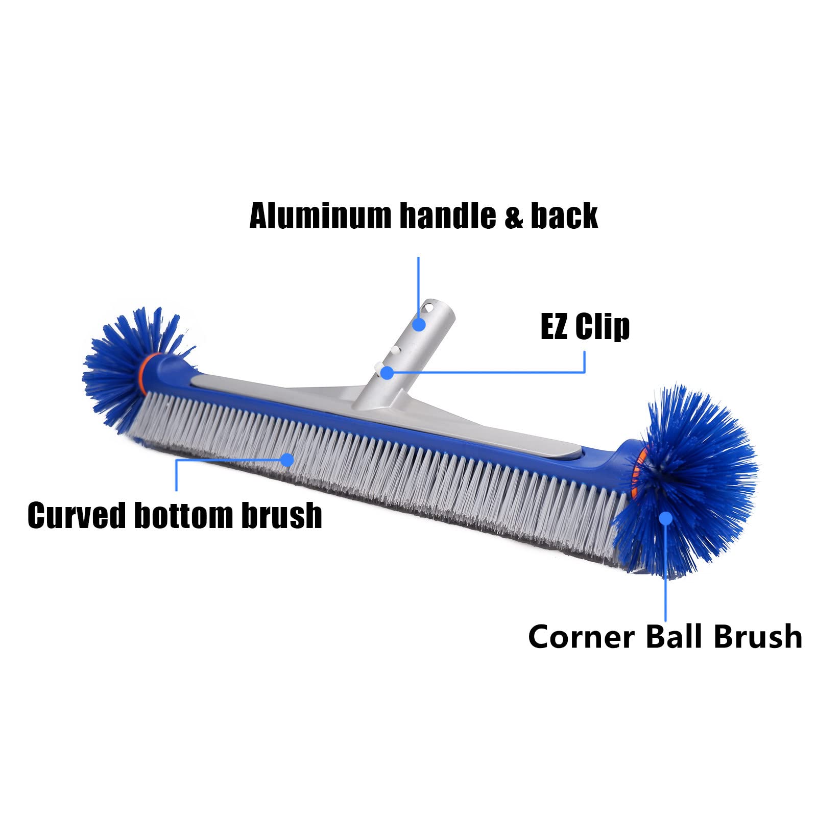 Brosse de nettoyage professionnelle pour sol et mur de piscine de 44,5 cm avec poils en nylon durables à 360 degrés, poignée en aluminium EZ Clip - balayage facile des murs, sols, marches