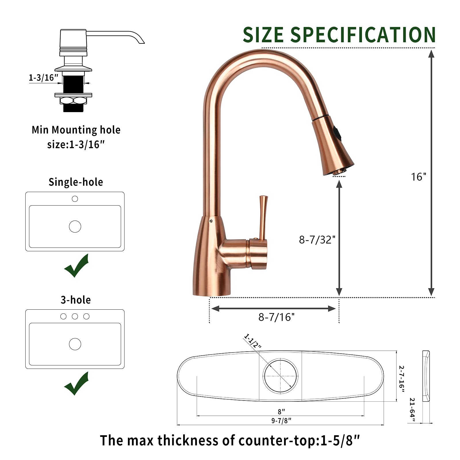 Copper Kitchen Faucet with Soap Dispenser, Single Handle Solid Brass High Arc Pull Down Sprayer Head Kitchen Sink Faucets with Deck Plate OH455