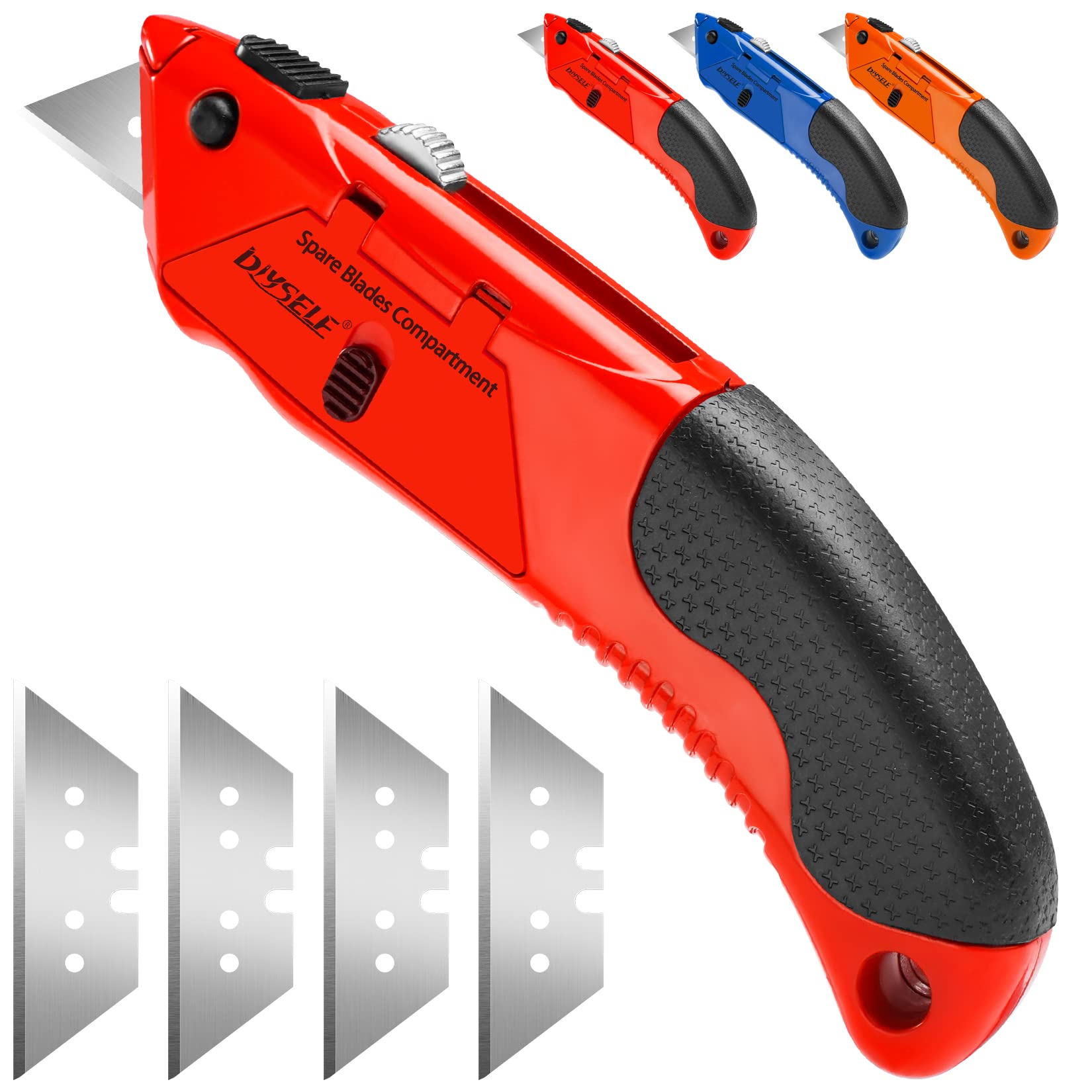 DIYSELF 1 Pack Utility Knife, Box Cutter Heavy Duty with 4 Pcs Sharp Blades, Storage Space in Handle, Box Cutter Retractable for Cutting Cartons, Cardboard, Boxes, and Carpet, Razor Knife