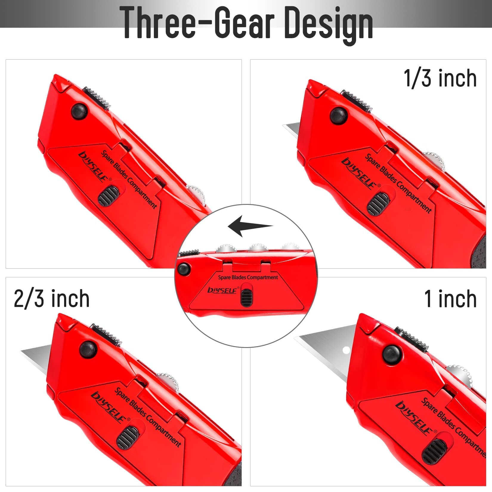 DIYSELF 1 Pack Utility Knife, Box Cutter Heavy Duty with 4 Pcs Sharp Blades, Storage Space in Handle, Box Cutter Retractable for Cutting Cartons, Cardboard, Boxes, and Carpet, Razor Knife