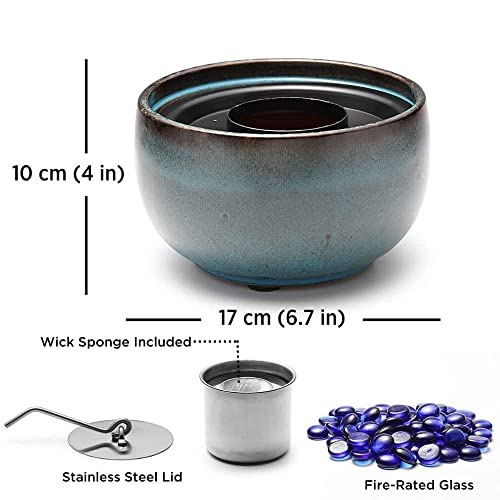 TURBRO Ceramic Tabletop Fire Pit for Outdoor - Ventless Fire Bowl, Odorless, Smokeless - Fueled by Ethanol Alcohol - Ocean Blue