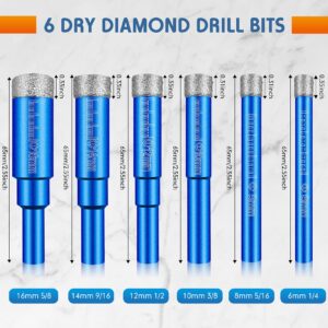 Dry Diamond Drill Bits Set 6 PCs Small Diamond Hole Saw Kit for Granite Marble Porcelain Tile Ceramic Stone Glass Hard Materials (not for Wood) Round Shank 1/4, 5/16, 3/8, 1/2, 9/16, 5/8 inch