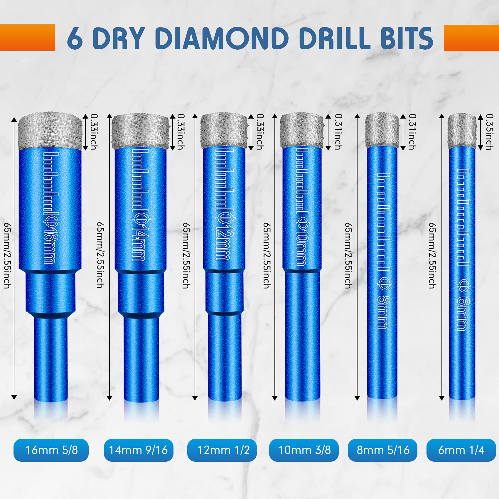 Dry Diamond Drill Bits Set 6 PCs Small Diamond Hole Saw Kit for Granite Marble Porcelain Tile Ceramic Stone Glass Hard Materials (not for Wood) Round Shank 1/4, 5/16, 3/8, 1/2, 9/16, 5/8 inch