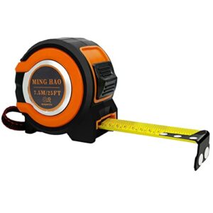 tape measure 25 ft, easy read fractions, magnetic hook, bottom temporary finger lock, shock absorbent rubber case