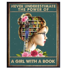 inspirational classroom wall art & decor - girls bedroom - never underestimate a girl with a book - positive quotes - girls room - girly motivational posters - uplifting encouragement daughter gifts