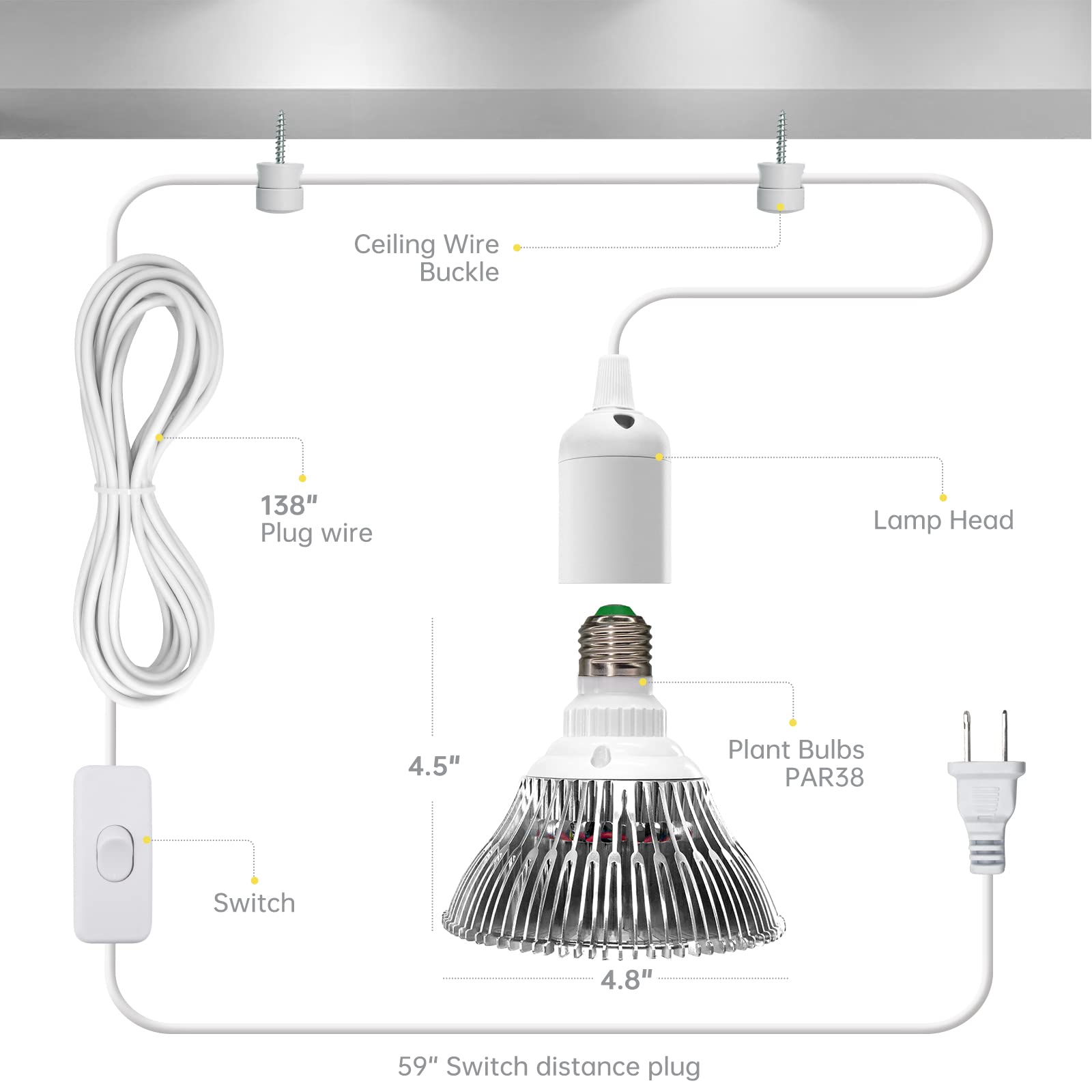 Bstrip LED Grow Light Bulb for Indoor Plants with Hanging System, 25W Full Spectrum Hanging Grow Light,3000K Plant Light Bulbs with 16.4FT Power Cord, Pendant Grow Lights for Indoor Plants, 1 Pack