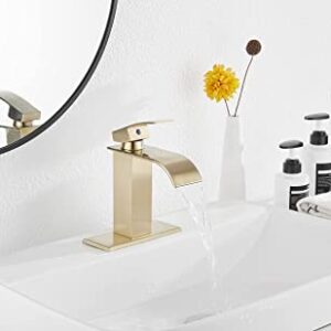 Brushed Gold Bathroom Faucet GGStudy Waterfall Bathroom Sink Faucet Deck Mount Single Handle One Hole Bathroom Vanity Faucet with Pop Up Drain