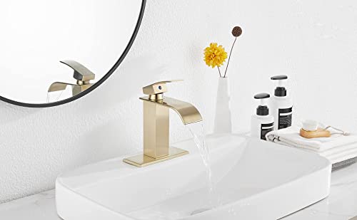 Brushed Gold Bathroom Faucet GGStudy Waterfall Bathroom Sink Faucet Deck Mount Single Handle One Hole Bathroom Vanity Faucet with Pop Up Drain