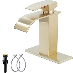 Brushed Gold Bathroom Faucet GGStudy Waterfall Bathroom Sink Faucet Deck Mount Single Handle One Hole Bathroom Vanity Faucet with Pop Up Drain