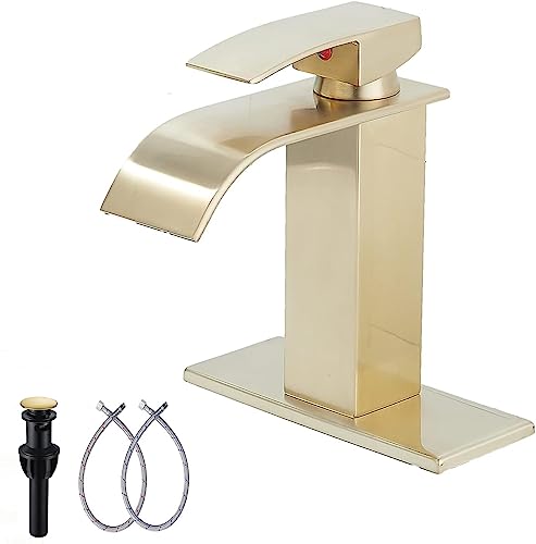 Brushed Gold Bathroom Faucet GGStudy Waterfall Bathroom Sink Faucet Deck Mount Single Handle One Hole Bathroom Vanity Faucet with Pop Up Drain