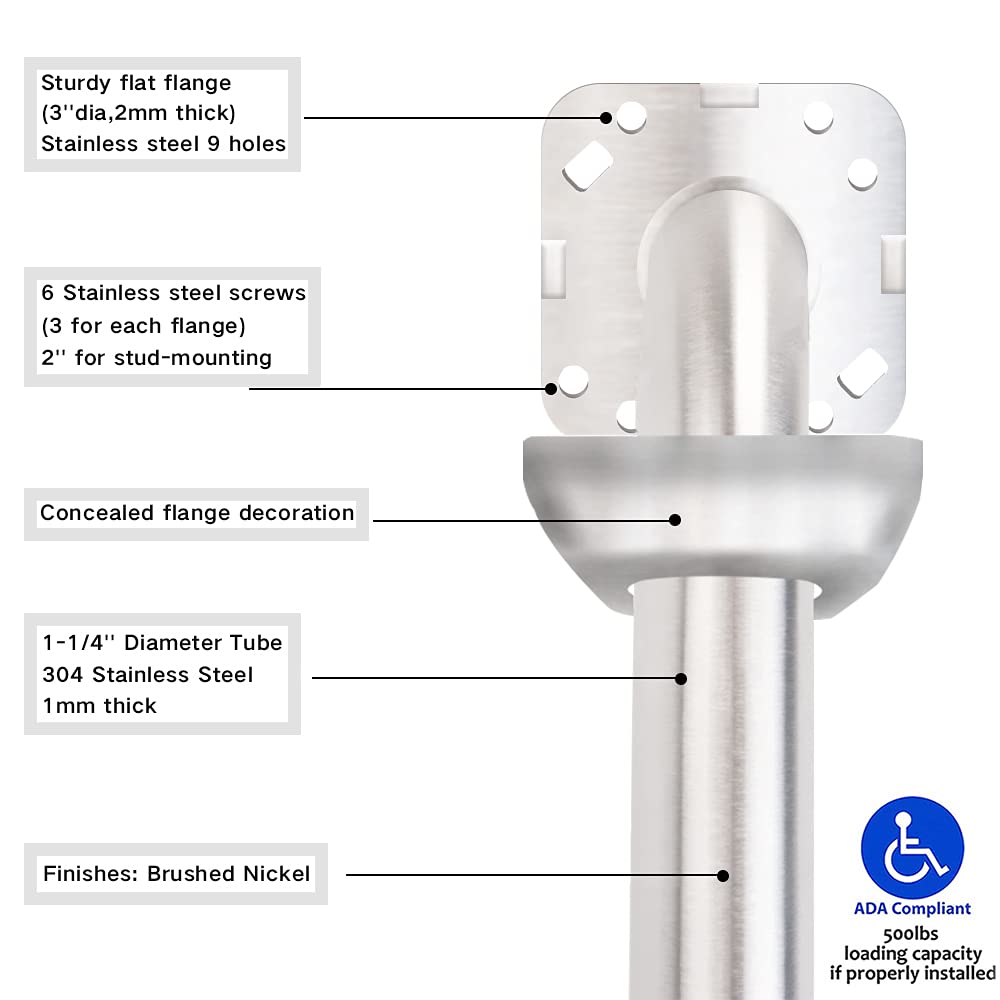 Bathroom Grab Bars Stainless Steel Handrail ADA Compliant 500lbs bathtubs and Showers Toilet Handle Safety for Handicap, Elderly, Disabled, Injury (18 inches)